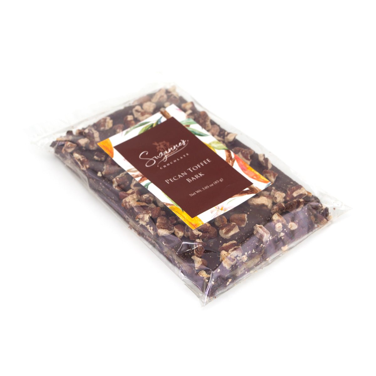 Suzanne's Chocolate Pecan Toffee 61% Dark Chocolate Bark – Chocosphere